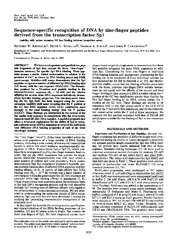 (PDF) Sequence-specific recognition of DNA by zinc-finger peptides derived from the ...