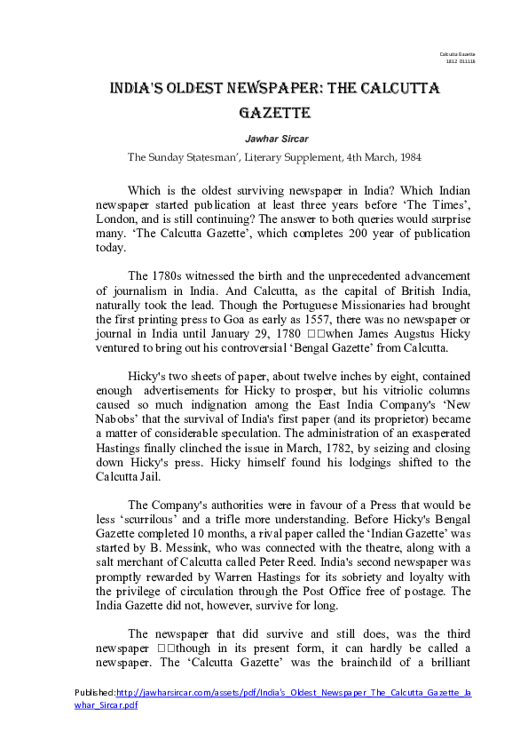 (PDF) Indias oldest newspaper- The Calcutta Gazette