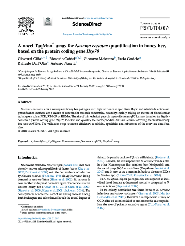 (PDF) A novel TaqMan ® assay for Nosema ceranae quantification in honey ...