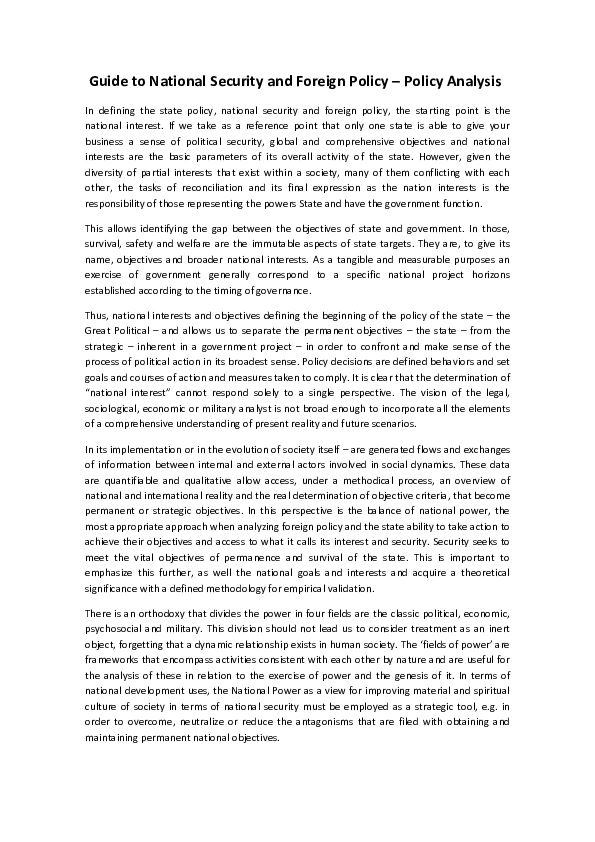 (PDF) Guide to National Security and Foreign Policy – Policy Analysis