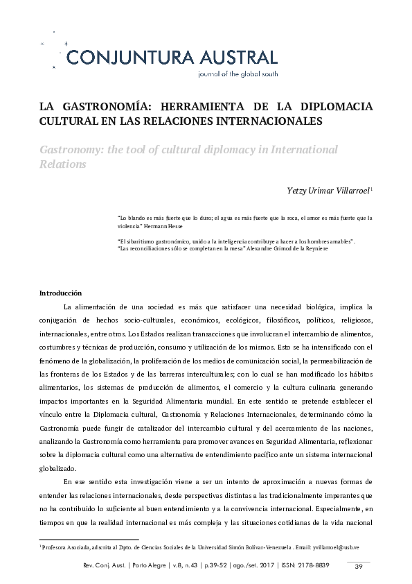 (PDF) Gastronomy: the tool of cultural diplomacy in International Relations
