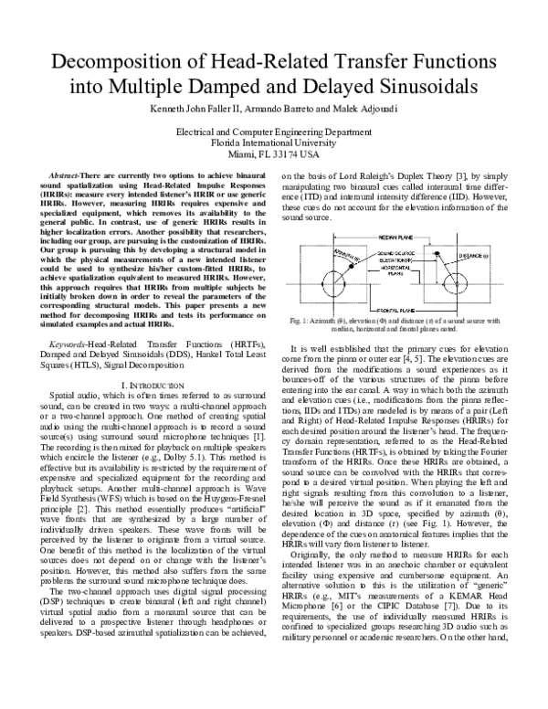 (PDF) Decomposition of Head-Related Transfer Functions into Multiple Damped and Delayed Sinusoidals