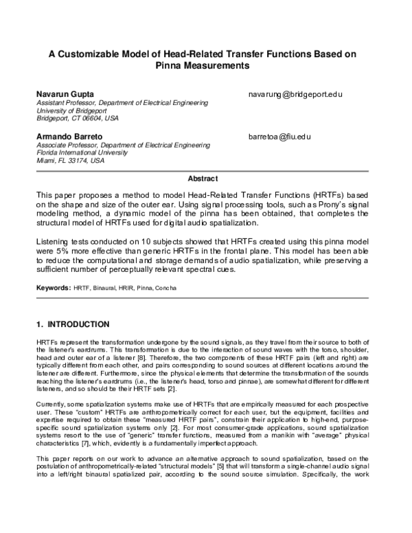 Pdf A Customizable Model Of Head Related Transfer Functions Based On