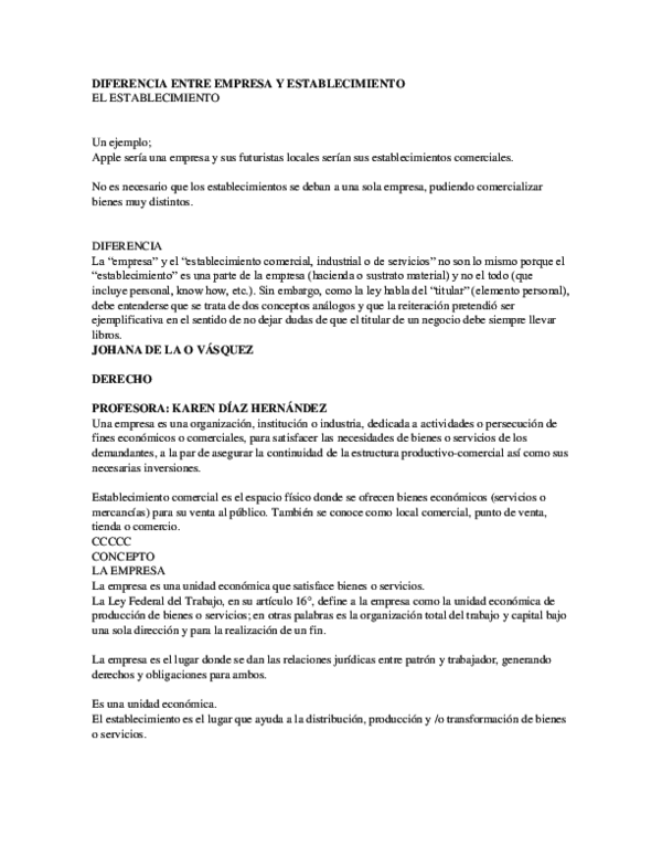 (DOC) DIFERENCIA ENTRE EMPRESA Y ESTABLECIMIENTO EL ESTABLECIMIENTO