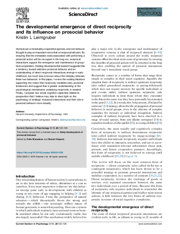(PDF) The developmental emergence of direct reciprocity and its ...