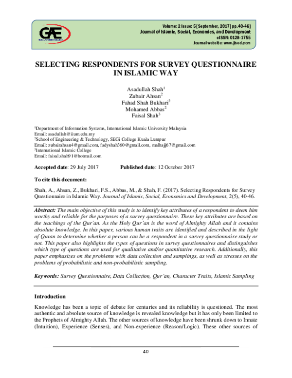 (PDF) SELECTING RESPONDENTS FOR SURVEY QUESTIONNAIRE IN ISLAMIC WAY