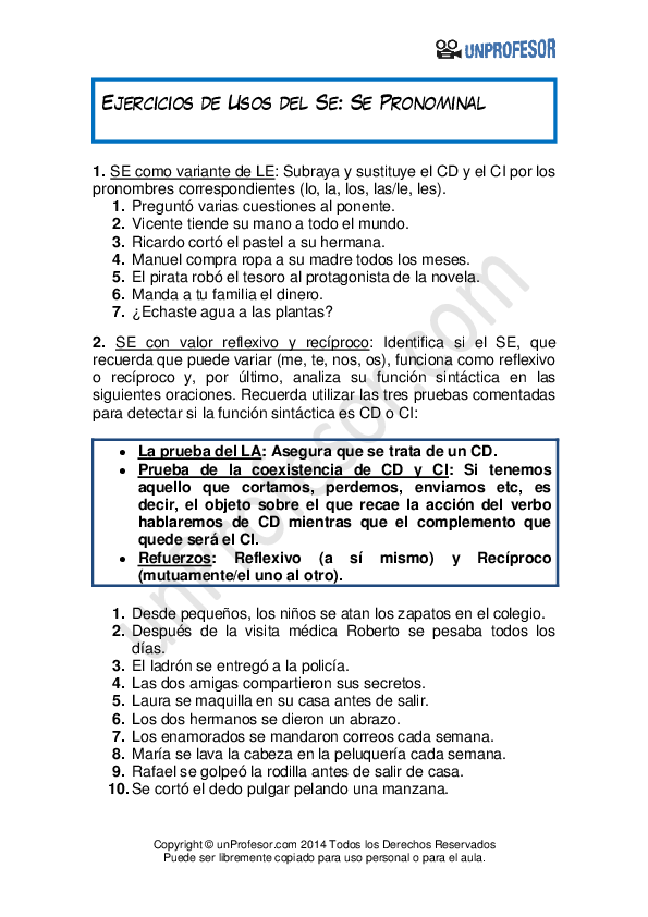 (PDF) Ejercicio usos del se el se pronominal
