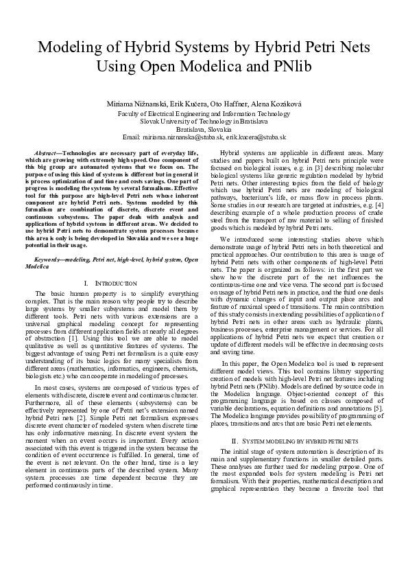 (PDF) Modeling of Hybrid Systems by Hybrid Petri Nets Using Open Modelica and PNlib