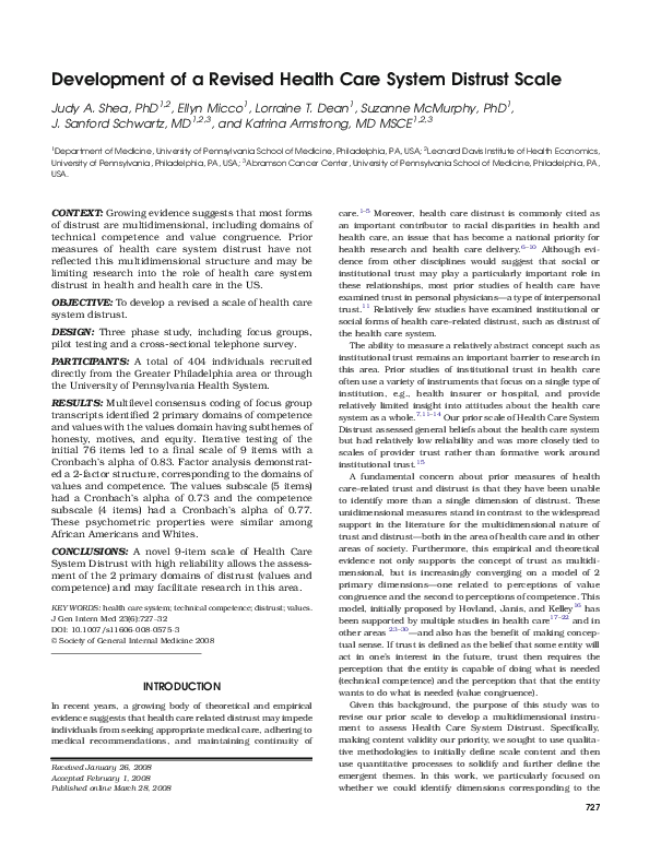 (PDF) Development of a Revised Health Care System Distrust Scale