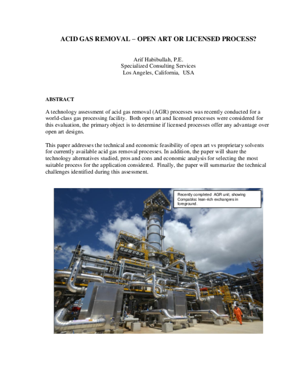 (PDF) ACID GAS REMOVAL – OPEN ART OR LICENSED PROCESS