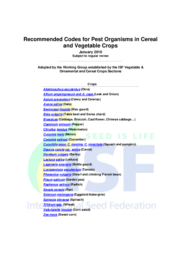 (PDF) Recommended Codes for Pest Organisms in Cereal and Vegetable Crops