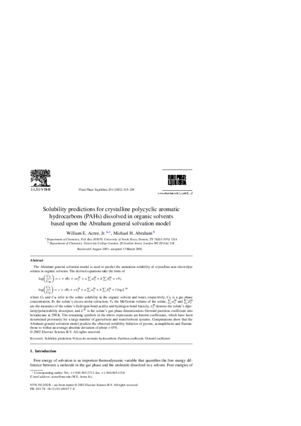 (PDF) Solubility predictions for crystalline polycyclic aromatic hydrocarbons (PAHs) dissolved ...