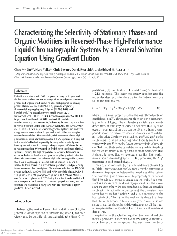 (PDF) Characterizing the Selectivity of Stationary Phases and Organic Modifiers in Reversed ...