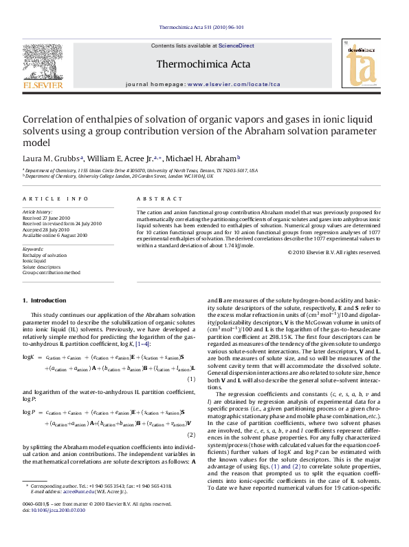 (PDF) Correlation of enthalpies of solvation of organic vapors and ...