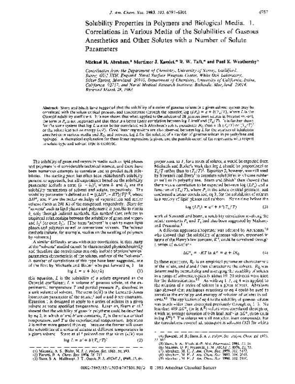 (PDF) Solubility properties in polymers and biological media. 4. Correlation of octanol/water ...
