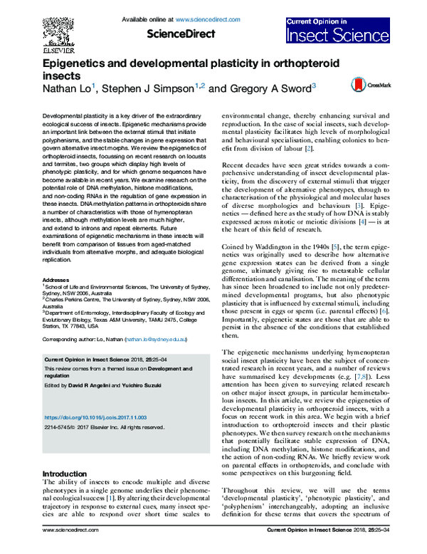 (PDF) Epigenetics and developmental plasticity in orthopteroid insects