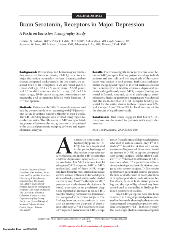 (PDF) Brain Serotonin2 Receptors in Major Depression