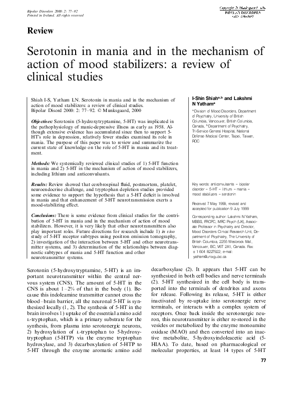 (PDF) Serotonin in mania and in the mechanism of action of mood ...