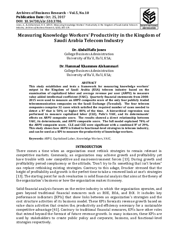 (PDF) Measuring Knowledge Workers' Productivity in the Kingdom of Saudi Arabia Telecom Industry