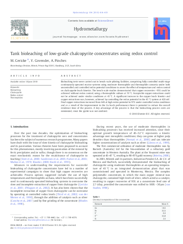 (PDF) Tank bioleaching of low-grade chalcopyrite concentrates using ...