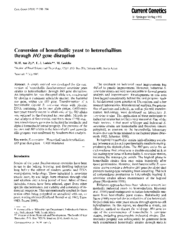 (PDF) Conversion of homothallic yeast to heterothallism through HO gene ...