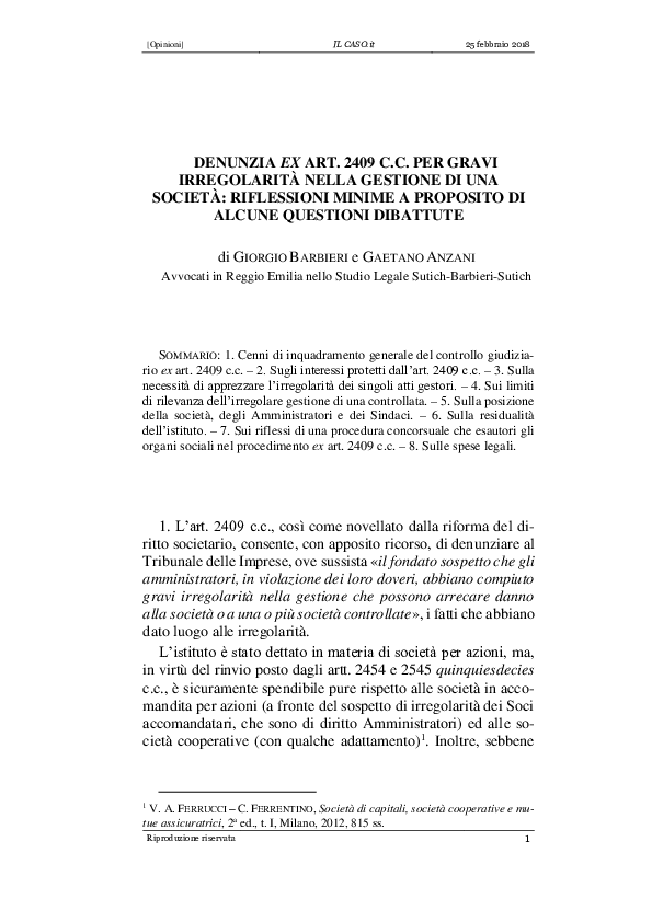 (PDF) Denunzia ex art. 2409 c.c. per gravi irregolarità nella gestione ...