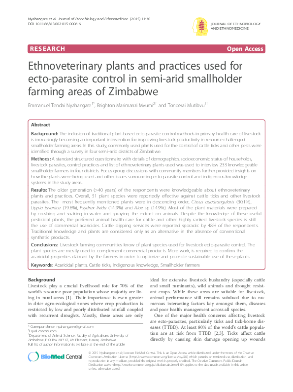 (PDF) Ethnoveterinary plants and practices used for ecto-parasite control in semi-arid ...