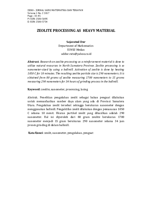 (PDF) ZEOLITE PROCESSING AS HEAVY MATERIAL | Zero Journal - Academia.edu