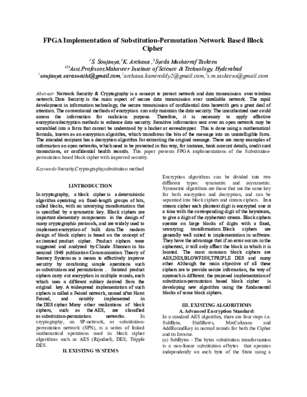Doc Fpga Implementation Of Substitution Permutation Network Based Block Cipher