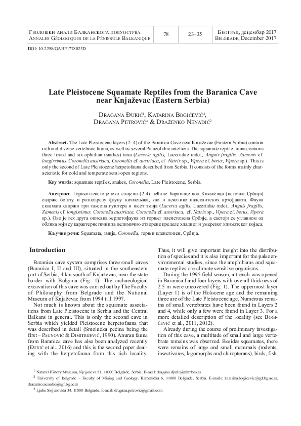 Pdf 2017 Late Pleistocene Squamate Reptiles From The Baranica Cave