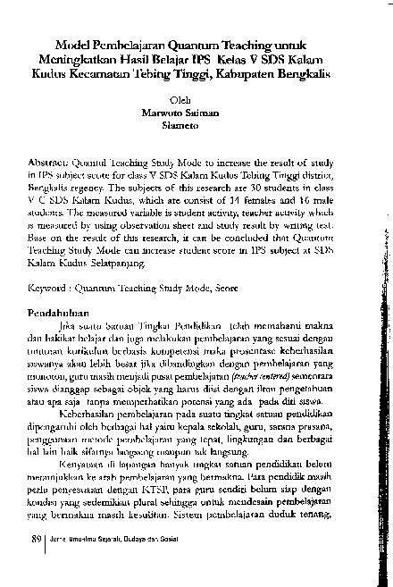 (PDF) Model Pembelajaran Quantum Teaching unnjk Meningkatkan Hasil Belajar IPS Kdas V SDS Kalam
