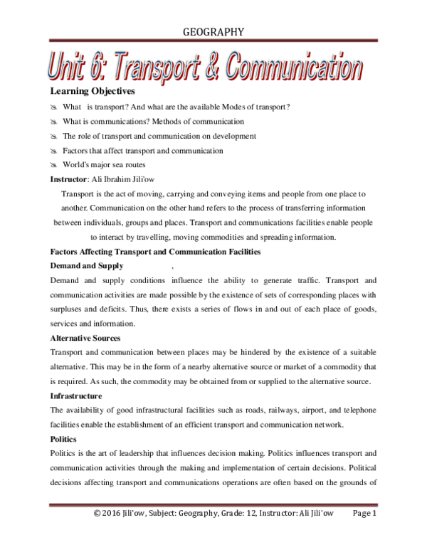 (PDF) TRANSPORT & COMMUNICATION: SUMMARY OF THE UNIT