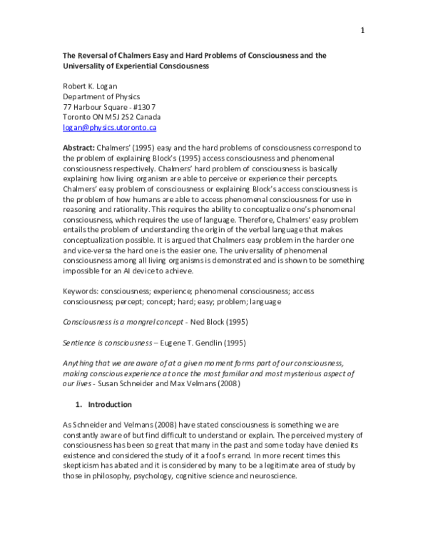 (DOC) The Reversal of Chalmers Easy and Hard Problems of Consciousness ...