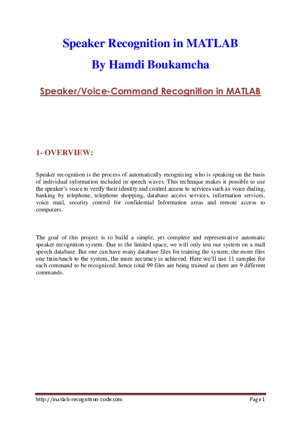 Doc Speaker Recognition In Matlab By Hamdi Boukamcha Speakervoice
