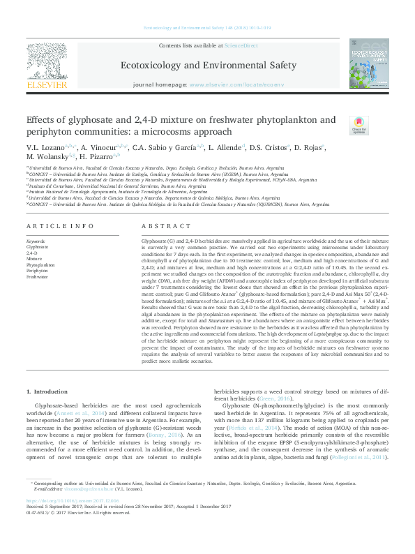 (PDF) Effects of glyphosate and 2,4-D mixture on freshwater phytoplankton and periphyton ...