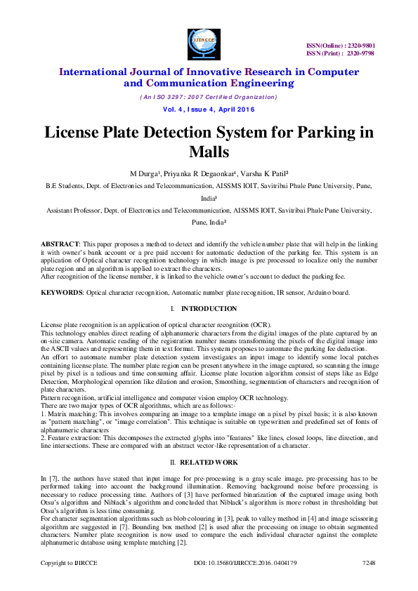 (PDF) License Plate Detection System for Parking in Malls