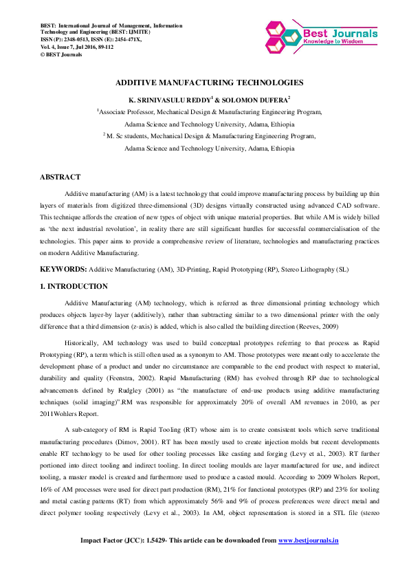 (PDF) ADDITIVE MANUFACTURING TECHNOLOGIES