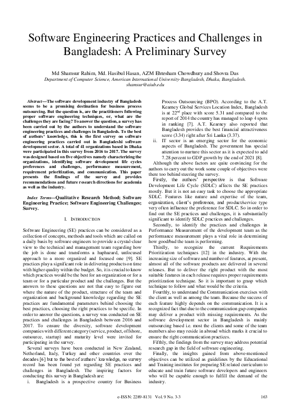 (PDF) Software Engineering Practices and Challenges in Bangladesh: A Preliminary Survey