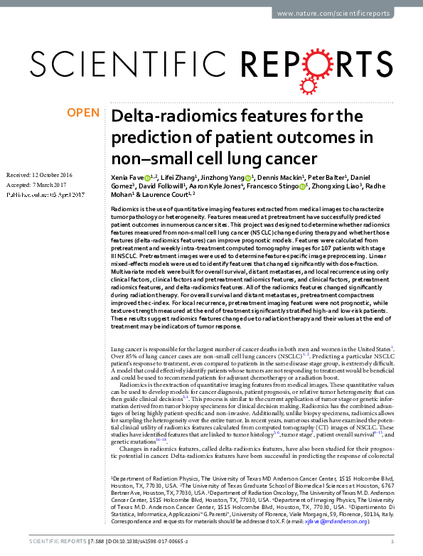 (PDF) Delta-radiomics features for the prediction of patient outcomes ...