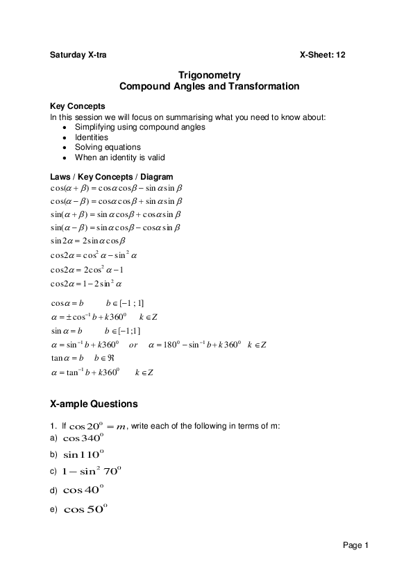 (PDF) Saturday X-tra X-Sheet: 12 Trigonometry Compound Angles and ...