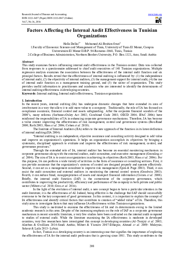 (PDF) Factors Affecting the Internal Audit Effectiveness in Tunisian Organizations
