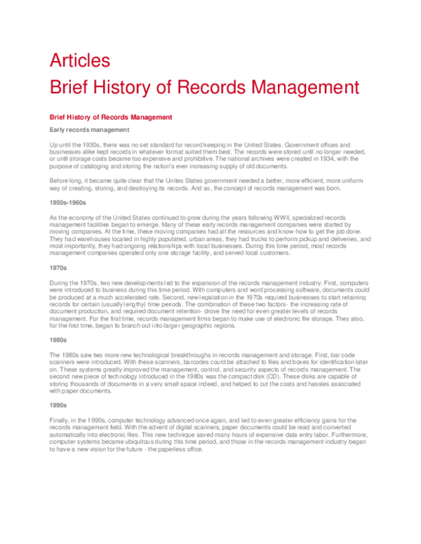 (DOC) Articles Brief History of Records Management Brief History of ...