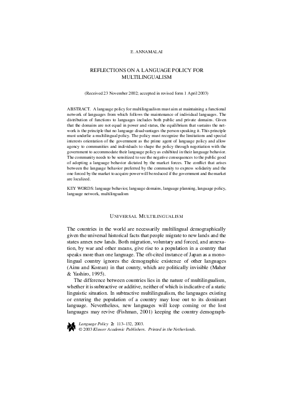(PDF) REFLECTIONS ON A LANGUAGE POLICY FOR MULTILINGUALISM