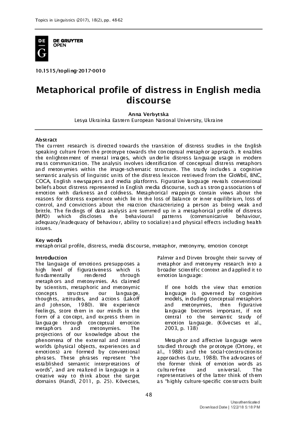 (PDF) Metaphorical profile of distress in English media discourse
