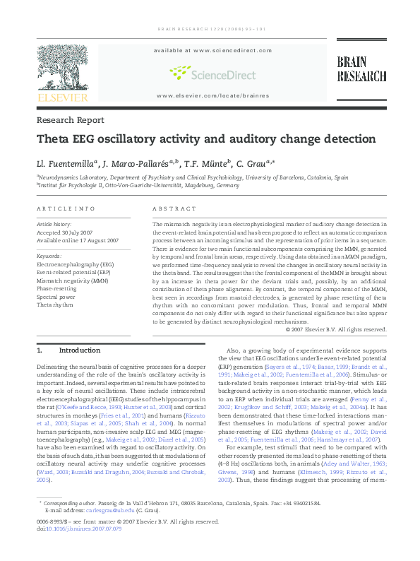 (PDF) Theta EEG oscillatory activity and auditory change detection