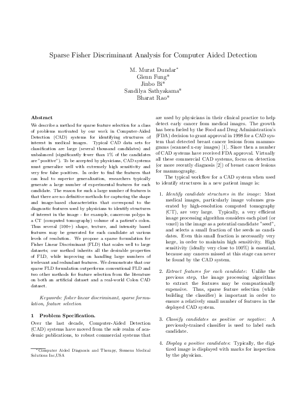 (PDF) Sparse Fisher Discriminant Analysis for Computer Aided Detection