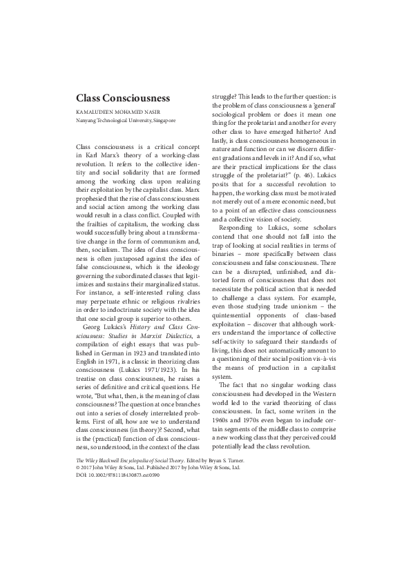 (PDF) Class Consciousness The Wiley Blackwell Encyclopedia of Social Theory