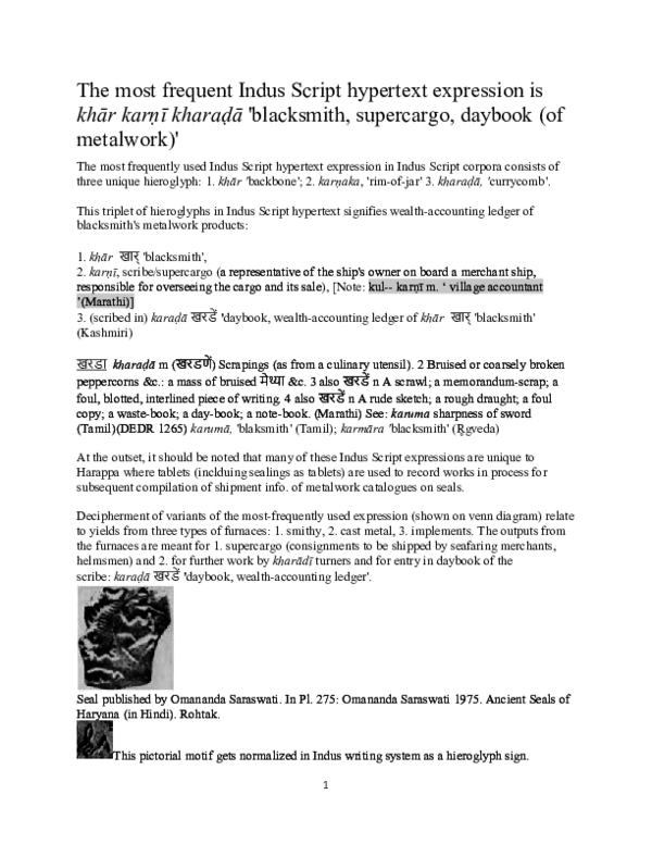 (PDF) The most frequent Indus Script hypertext expression is khār karṇī ...
