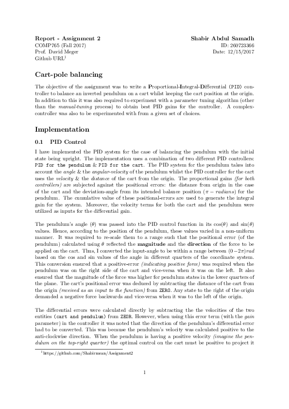 (PDF) Cart-pole balancing with PID control