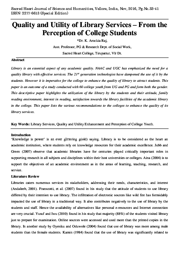 (PDF) Quality and Utility of Library Services – From the Perception of ...